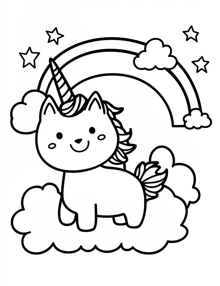 Amazing Unicorn Cat with Rainbow and Stars Fantasy Coloring Page ...