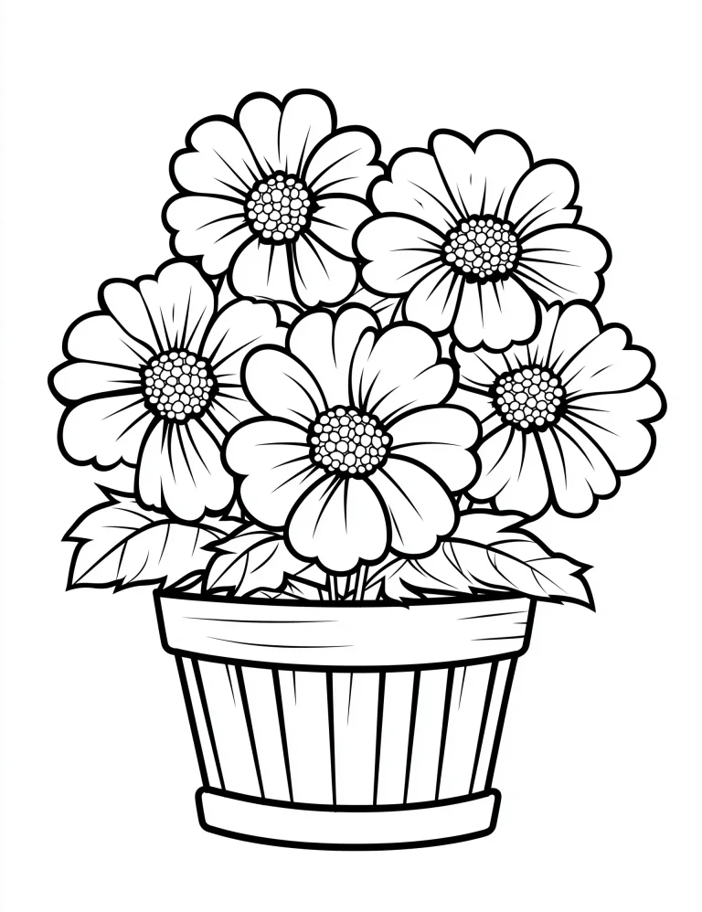 Blooming Daisy Flowers in Wooden Pot Coloring Page - Mindset Flow
