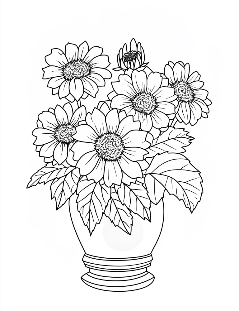 Blooming Flower Bouquet in Vase Coloring Page - Mindset Flow