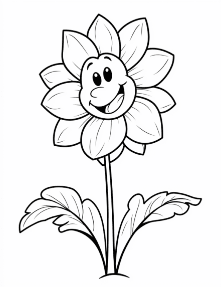 Cheerful Cartoon Sunflower With Smiling Face and Leaves Coloring Page ...