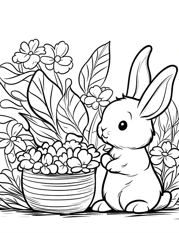 Easter Rabbit Coloring Page – Cute Bunny with a Pot of Spring Flowers ...