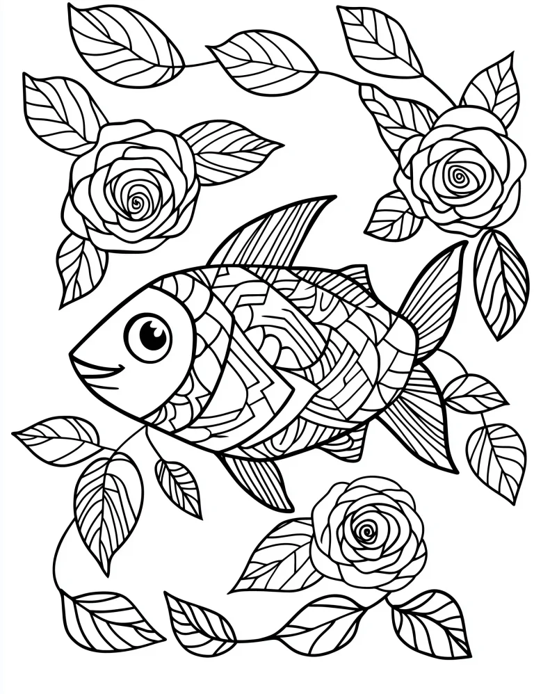 Floral Fish with Geometric Design and Roses Coloring Page - Mindset Flow