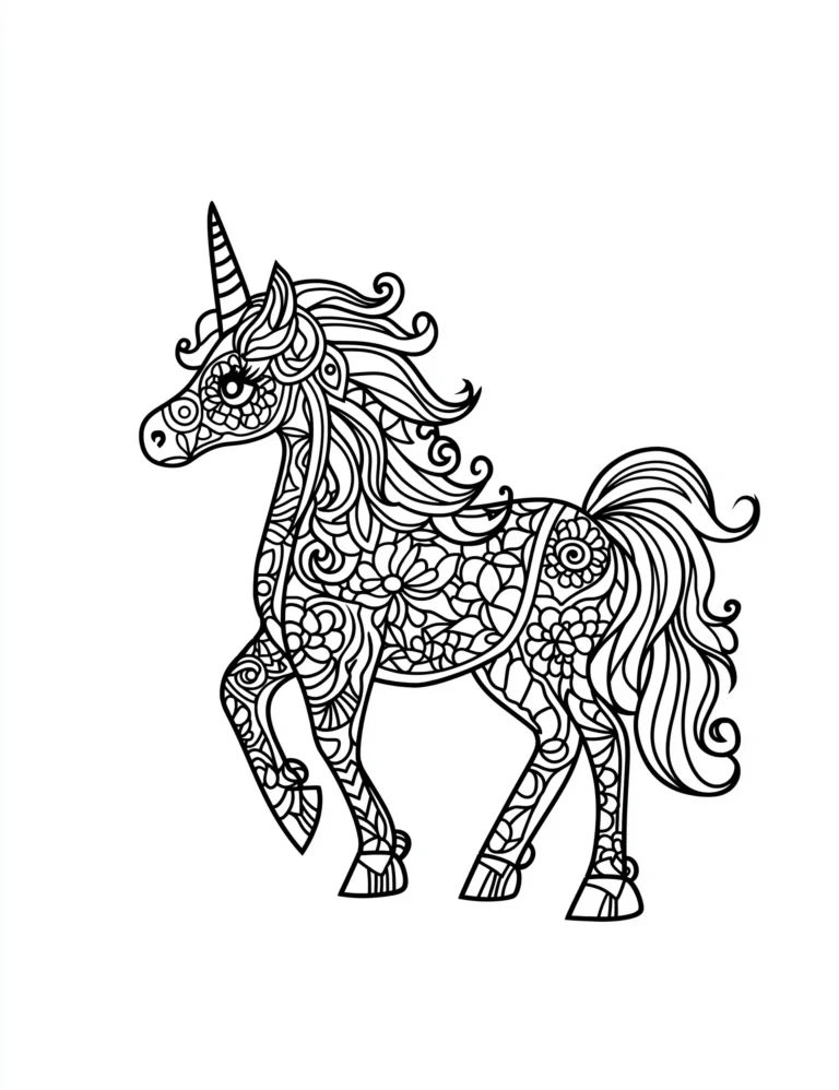 Floral Patterned Unicorn Mandala Coloring Page - Mindset Flow