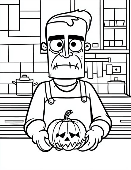 Frankenstein Monster in Kitchen Halloween Coloring Page - Mindset Flow
