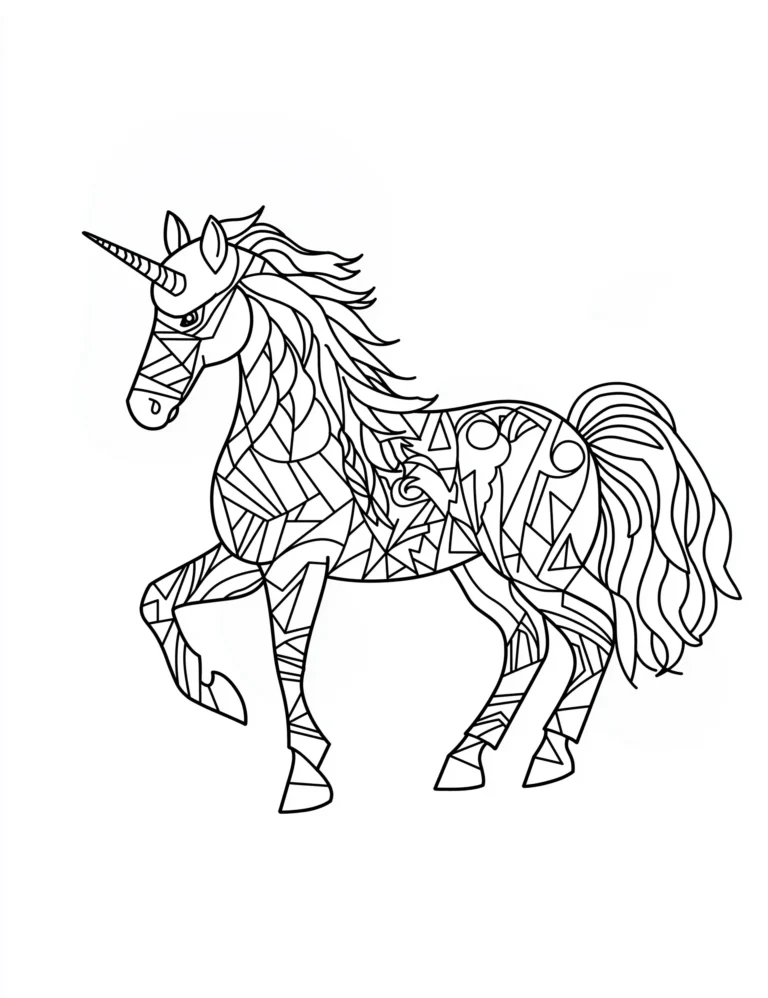 Geometric Unicorn Walking Gracefully Mandala Coloring Page - Mindset Flow