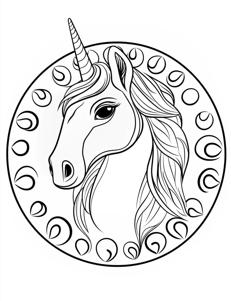 Graceful Unicorn Head Inside Circular Mandala Coloring Page - Mindset Flow