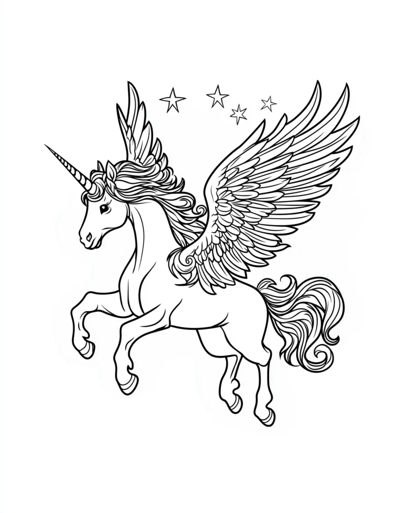 Majestic Flying Unicorn with Wings and Stars Coloring Page - Mindset Flow