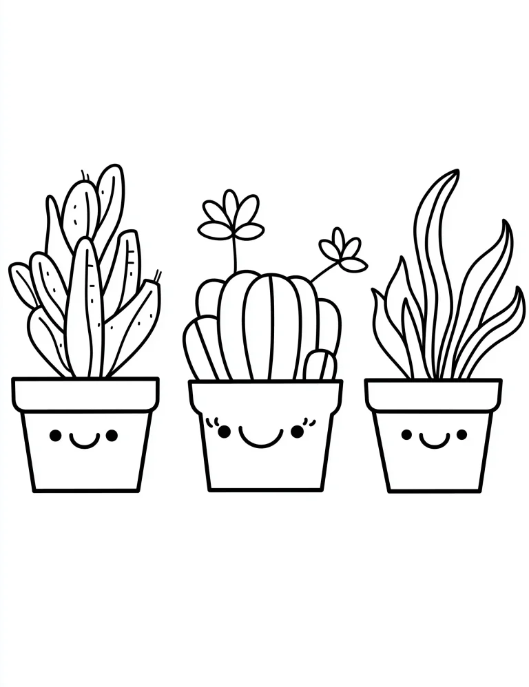 Smiling Potted Cactus and Succulent Trio Coloring Page - Mindset Flow