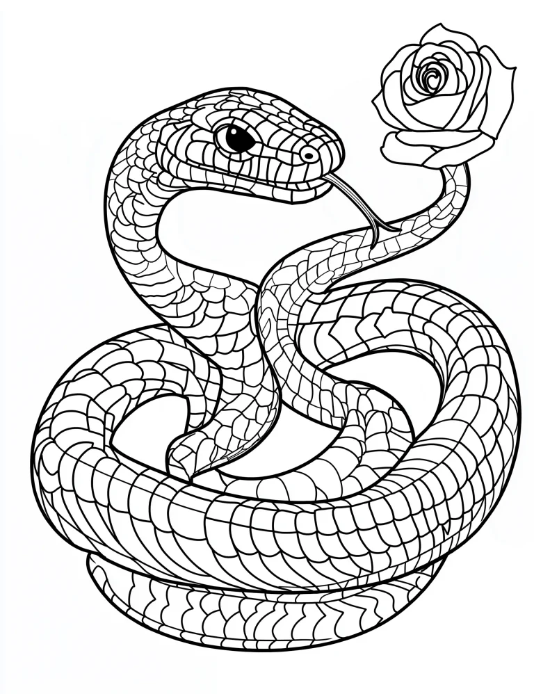 Snake Coiled with Rose Coloring Page - Mindset Flow