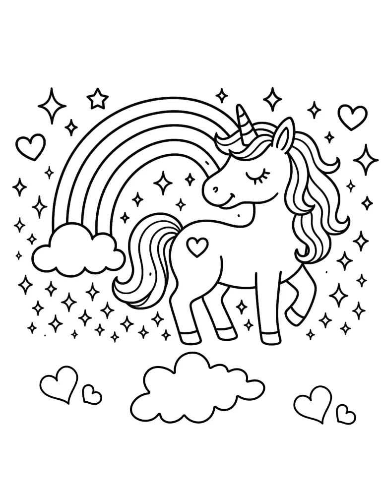 Unicorn and Rainbow with Hearts and Stars Coloring Page - Mindset Flow