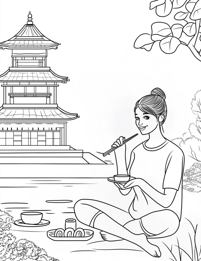 Young Woman Eating Sushi in Japanese Garden Adult Coloring Page ...